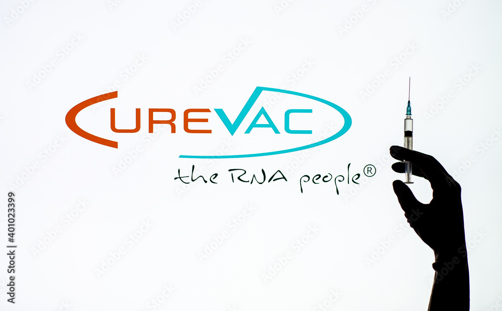 Kyiv, Ukraine - December 22, 2020: Backlit single shot image of CureVac ...