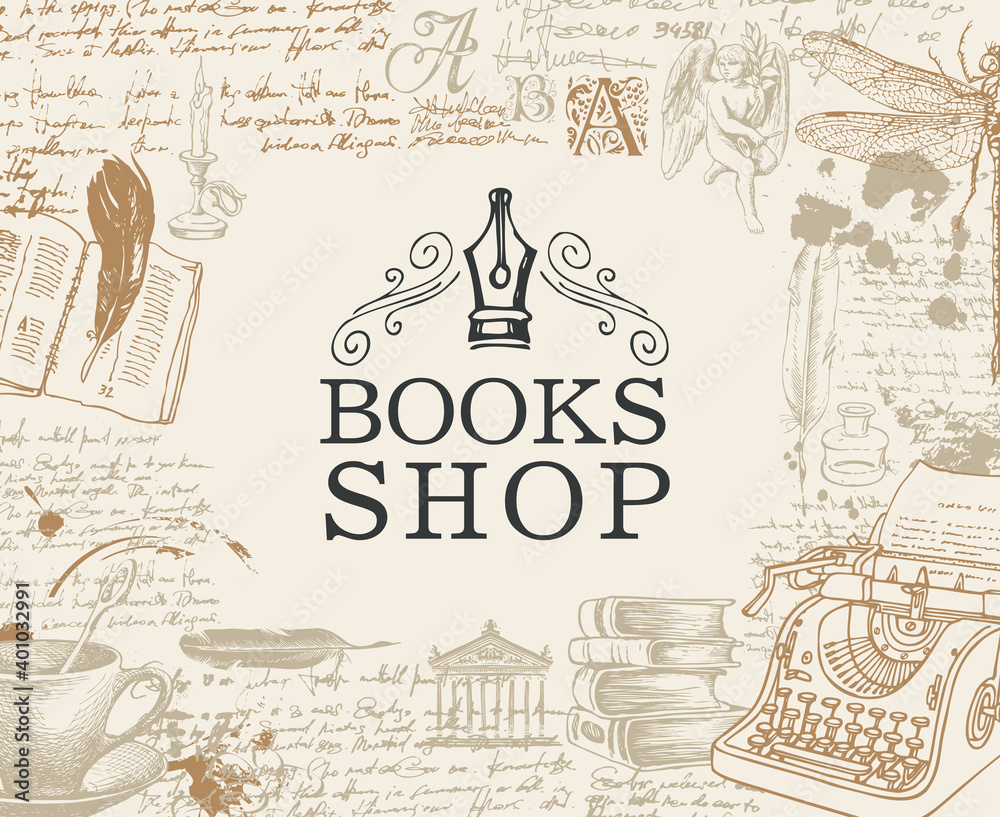 Banner for books shop in retro style. Vector illustration with hand ...