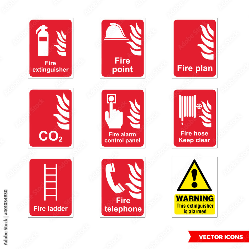 Fire fighting signs icon set of color types. Isolated vector sign ...