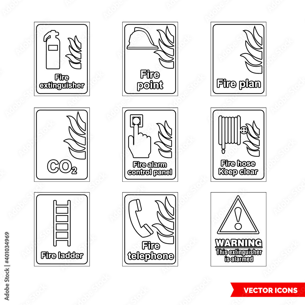 Fire fighting signs icon set of outline types. Isolated vector sign ...