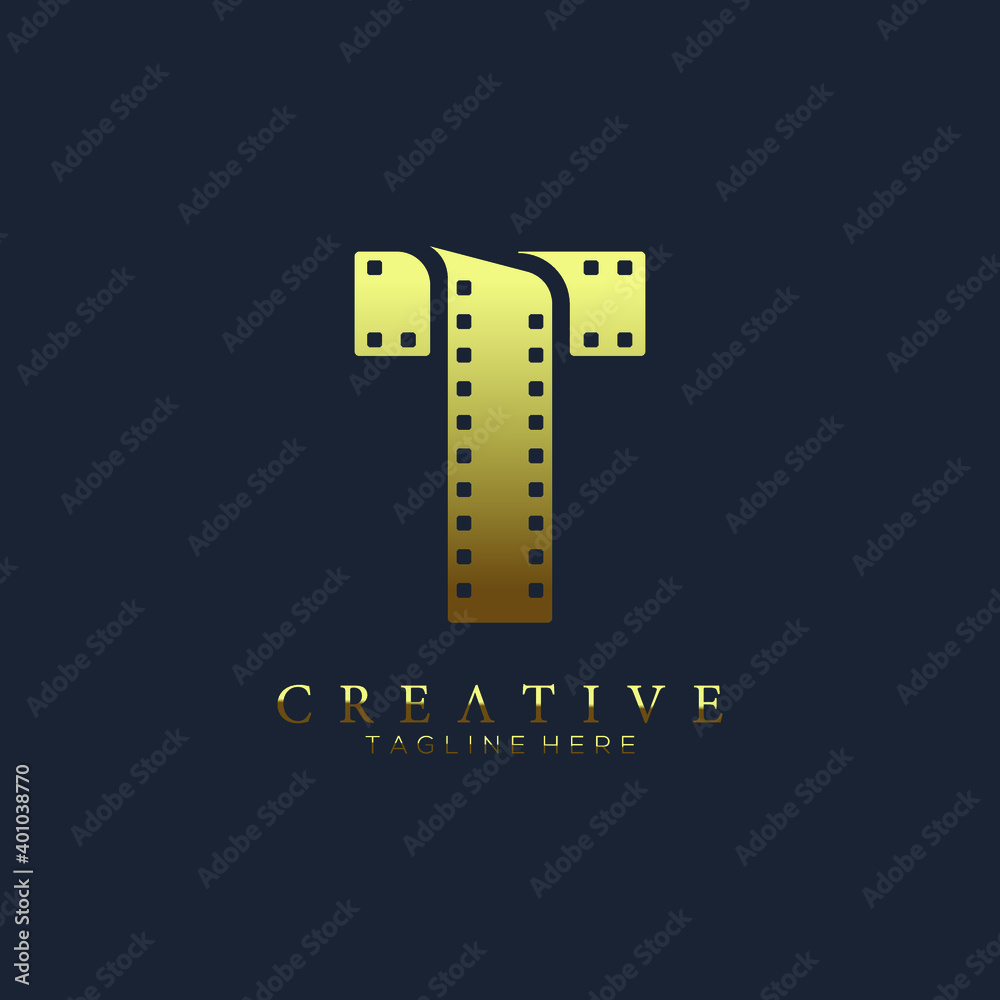 Elegant gold letter T logo for strip film vector illustration and black ...