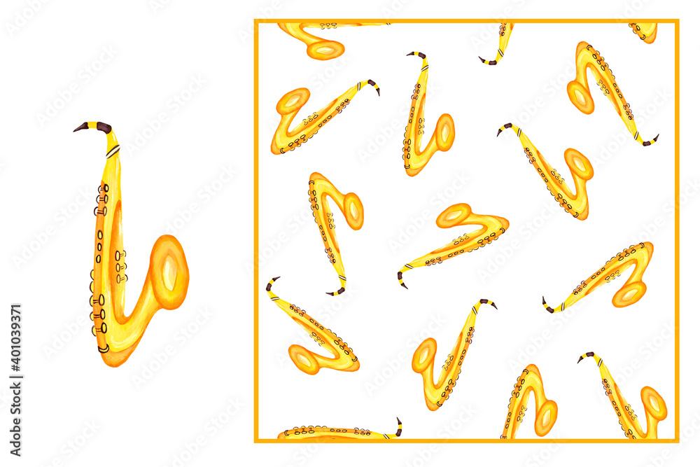 Set - yellow saxophone isolated on white background and seamless ...