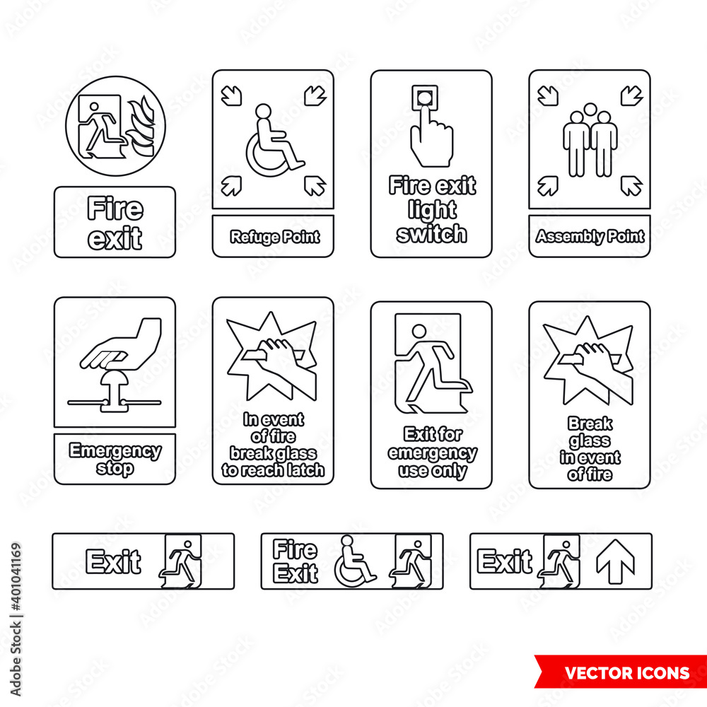 Emergency escape signs icon set of outline types. Isolated vector sign ...