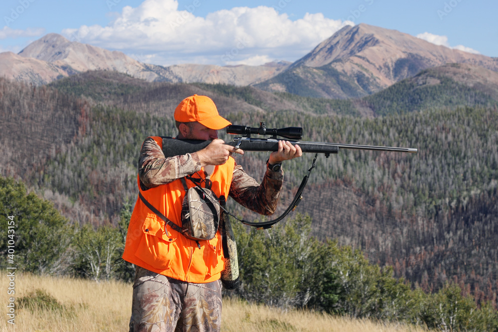 adult deer hunter wearing orange and aiming scoped rifle in mountains ...