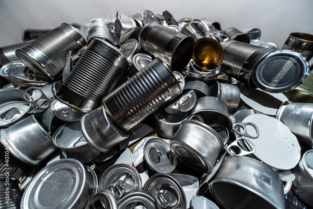 Recycle empty cans and tin. Aluminum soda cans and food jars. Sorted ...