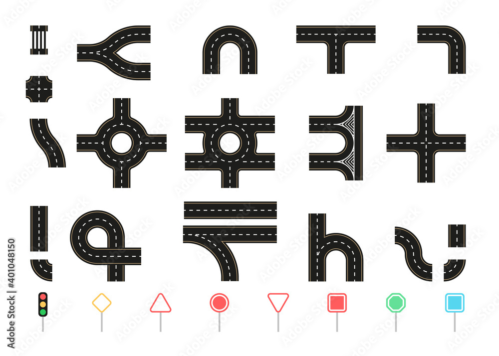 Vetor de Collection of highway elements. Connectible road. Top view ...