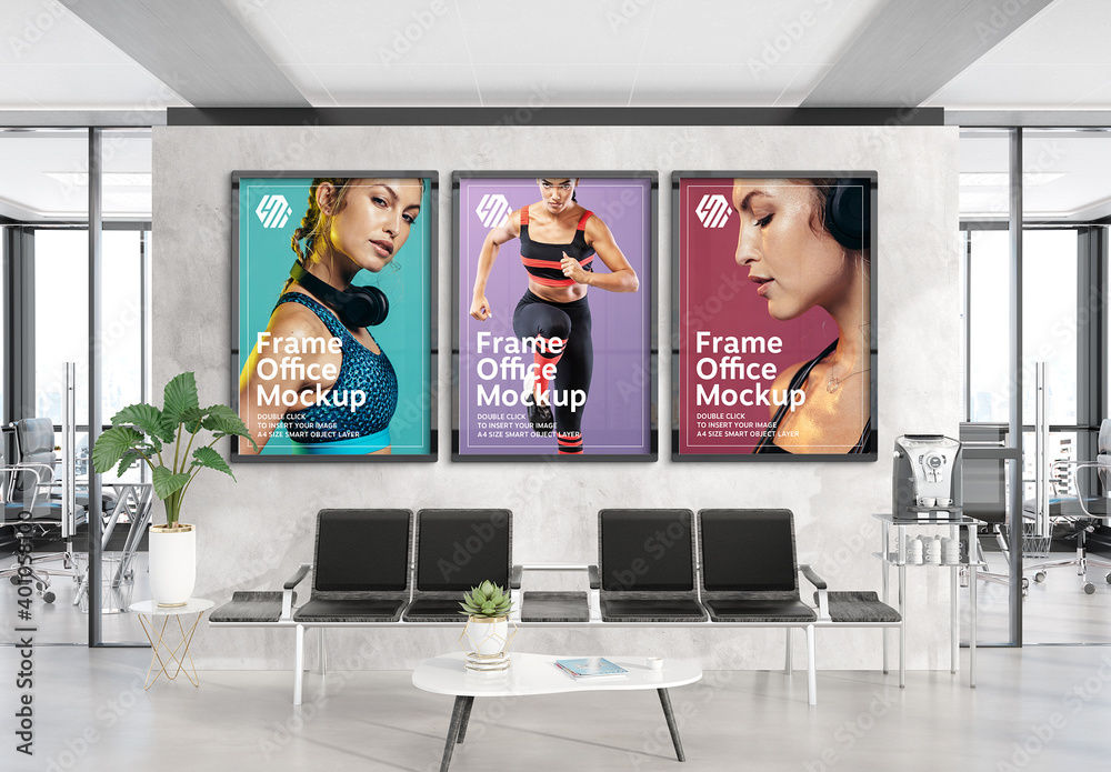 3 Frames Hanging on Corporate Waiting Room Wall Mockup Stock Template ...
