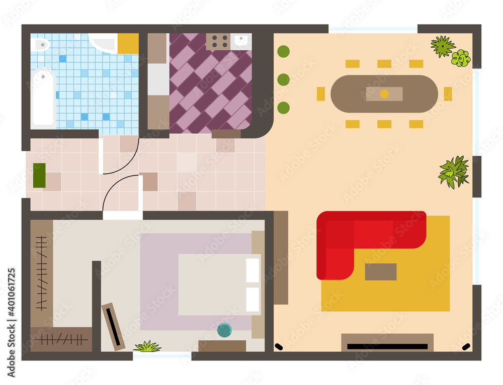 Architectural flat plan top view with living rooms bathroom kitchen and ...