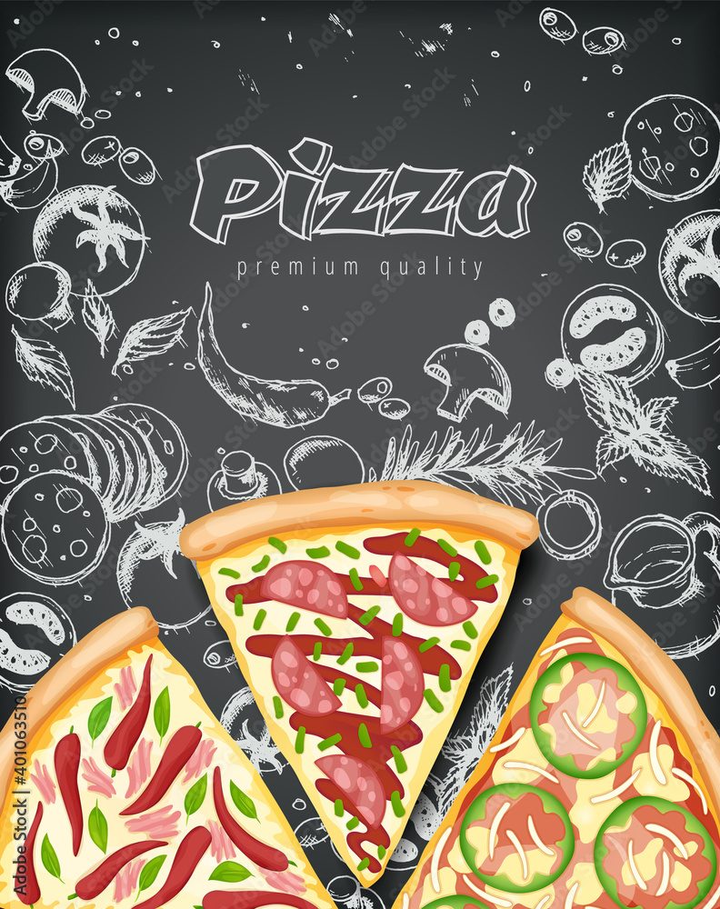 Color pizza poster. Savoury pizza ads with 3d illustration rich ...