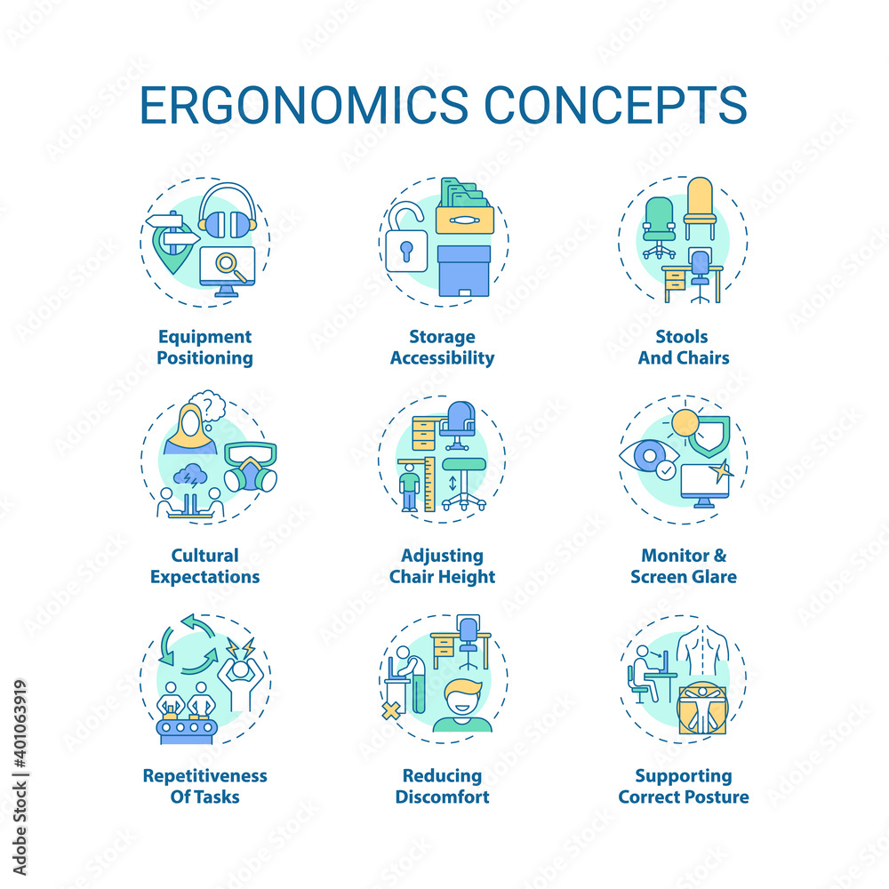Ergonomics concept icons set. Safe and healthful workplace idea thin ...