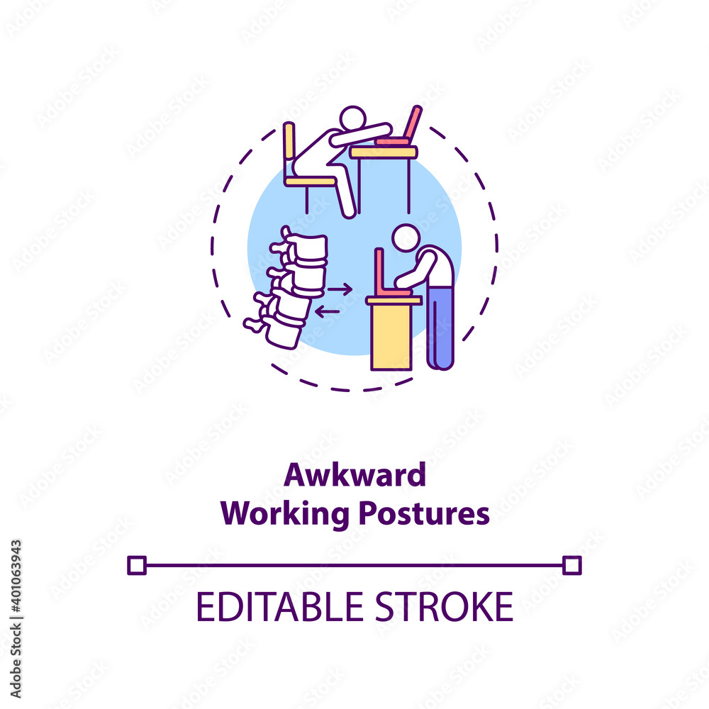 Awkward working postures concept icon. Ergonomic stressor idea thin ...