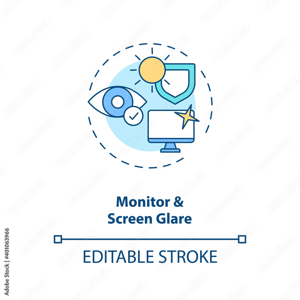 Monitor and screen glare concept icon. Office ergonomics tip idea thin ...