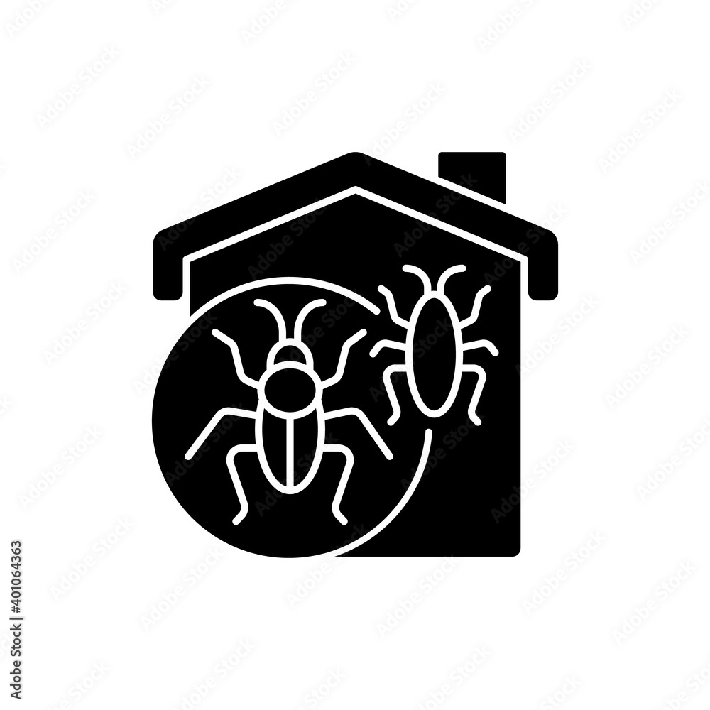 Insect invasion black glyph icon. Bugs indoors. Cockroaches, beetles ...