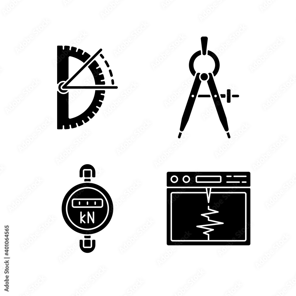 Measurement tools black glyph icons set on white space. Half circle ...