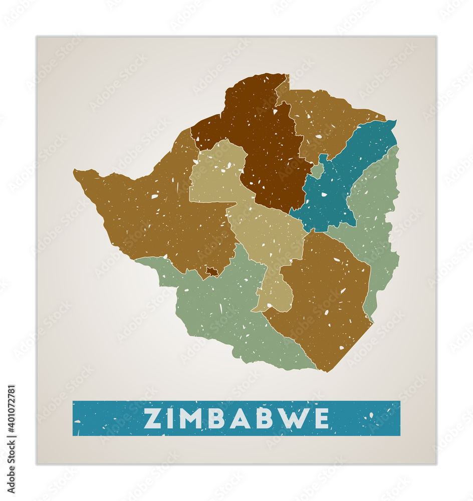 Zimbabwe map. Country poster with regions. Old grunge texture. Shape of ...