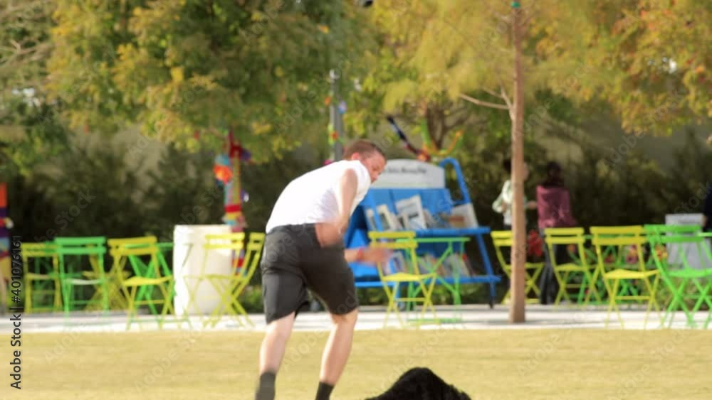 Security guard tackling prankster in bear costume in public park Stock ...