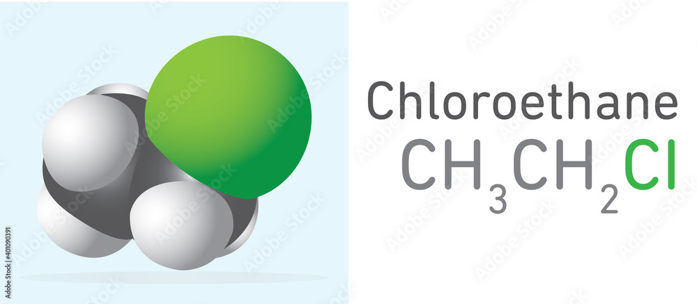 Chloroethane (CH3CH2CI) gas molecule. Space filling model. Structural ...