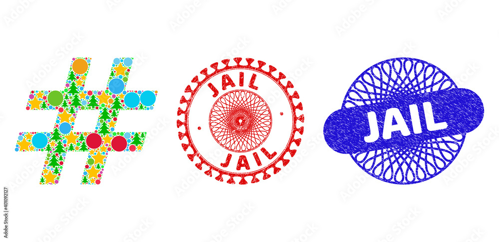 Jail collage of New Year symbols, such as stars, fir-trees, color round ...