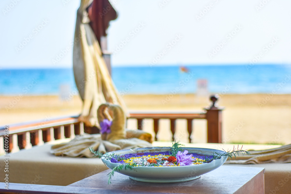 Outdoor Massage table with towels at beachside. Pavilion for Spa ...
