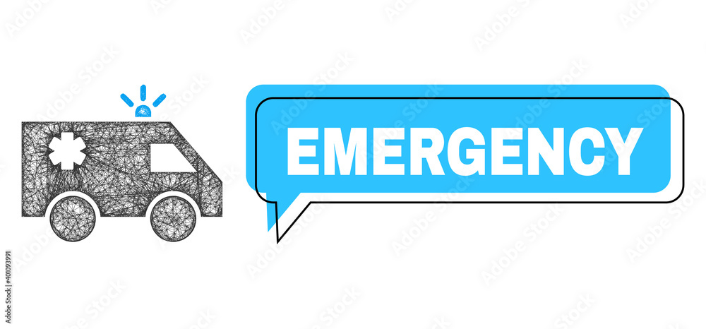 Speech Emergency blue bubble message and wire frame emergency car ...