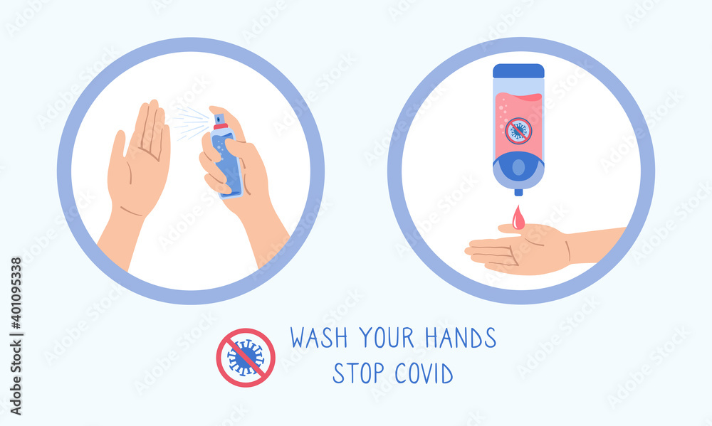Social poster disinfection from virus. Hand sanitizer wall or spray ...