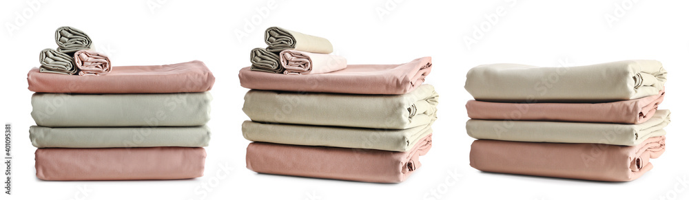Set with stacks of clean bed linen on white background. Banner design ...