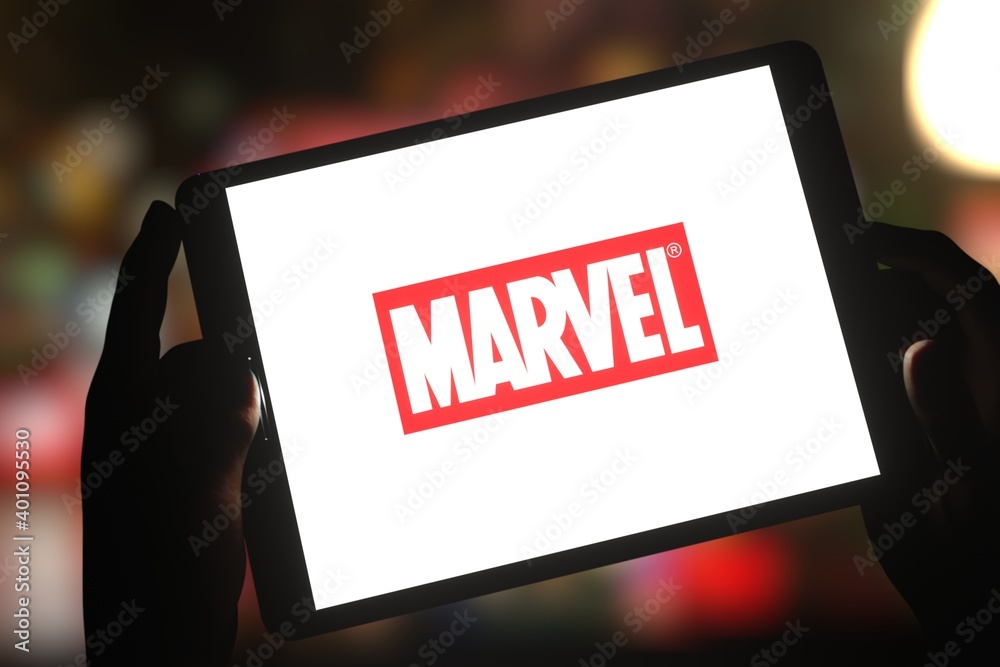 Logo of entertainment company Marvel displayed on tablet screen ...