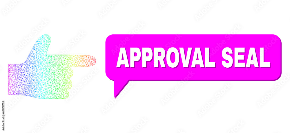 Approval Seal and hand pointer right vector. Spectrum colorful net hand ...