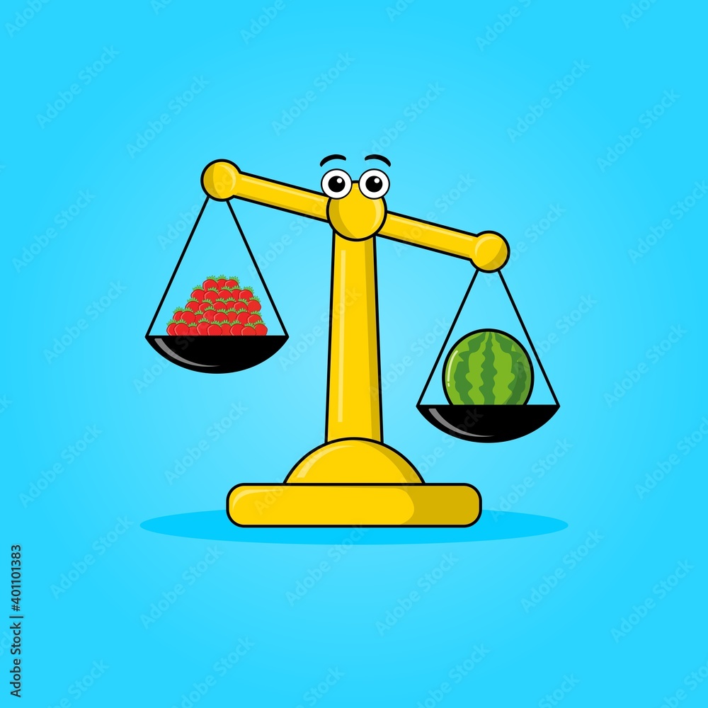 vector illustration of scales. weigh fruit. watermelon and strawberries ...