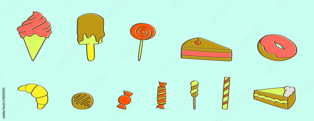set of sweets dessert food cartoon icon design template with various ...
