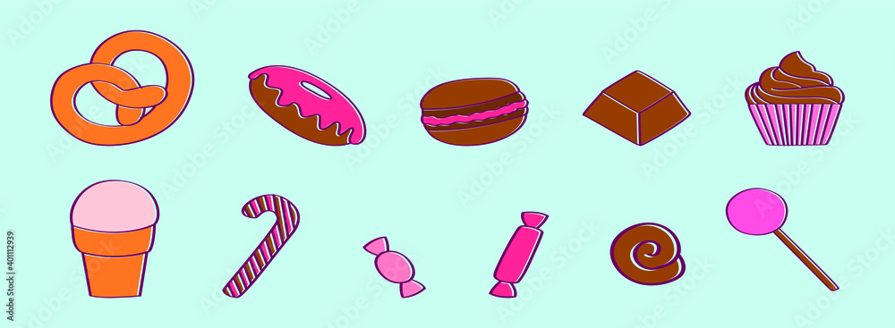 set of sweets dessert food cartoon icon design template with various ...