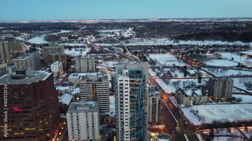 3-3 aerial night flight over winter festive city riverside modern ...