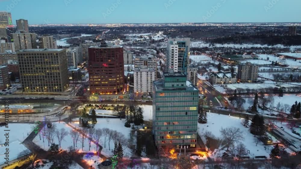 2-3 aerial flyer over evening winter festive city riverside historic ...