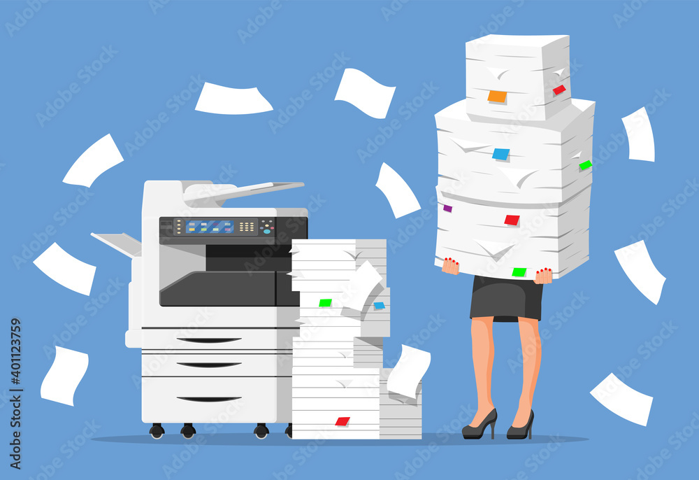 Stressed businesswoman holds pile of office documents. Overworked ...