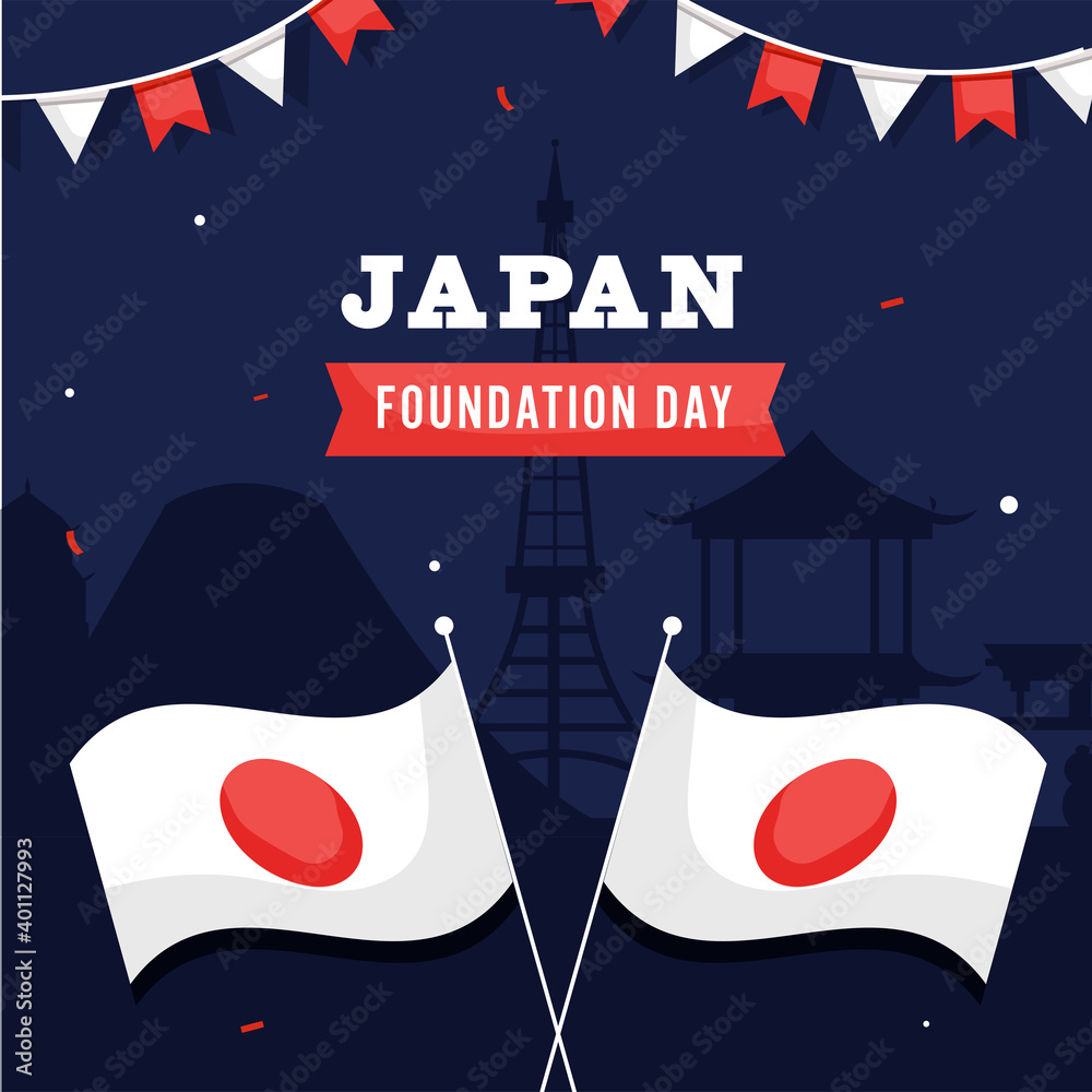 Japan Foundation Day Poster Design With National Flags And Silhouette ...