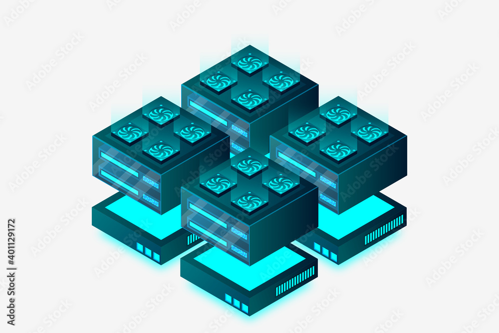 Server room isometric, Mainframe, powered server, high technology ...