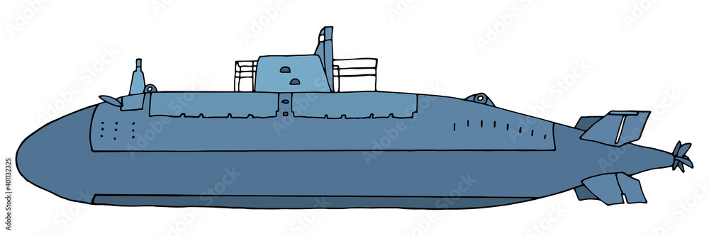 Beautiful military submarine, hand drawing. Blue underwater vessel ...