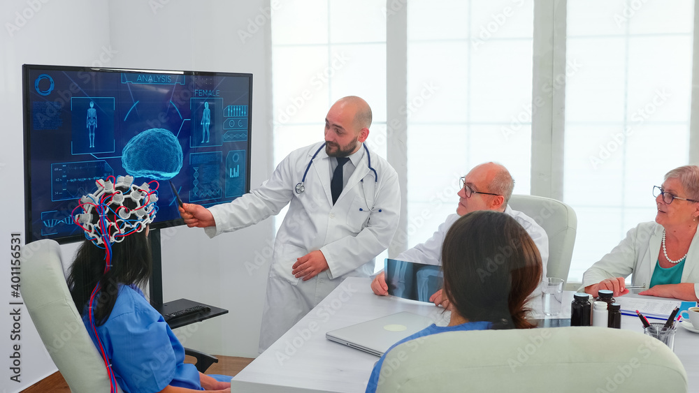 Female Nurse Wearing Scaning Headset For Brain Activity During