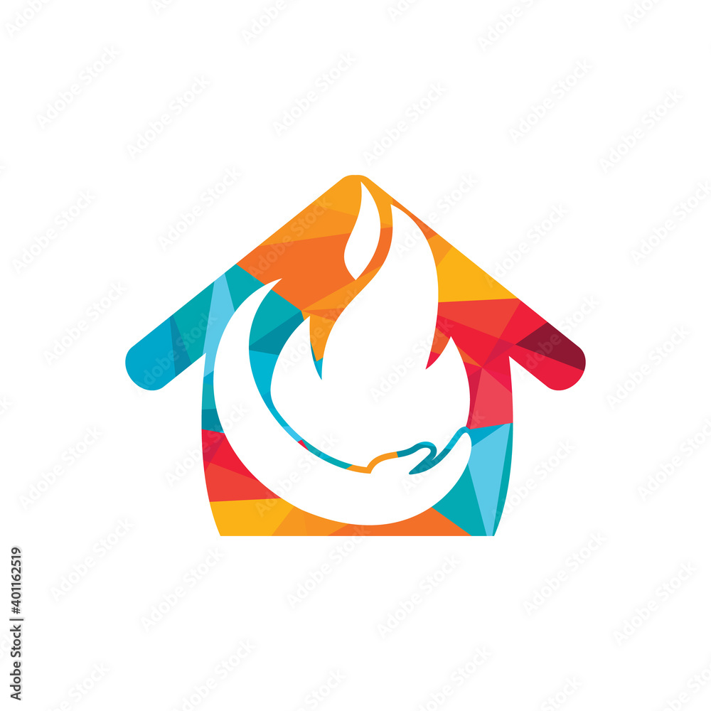 Fire care vector logo design concept. Hand and fire with house icon ...