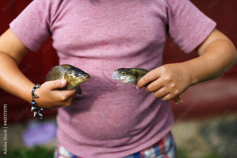 serious caucasian child girl 10 years old with a caught fish in her ...