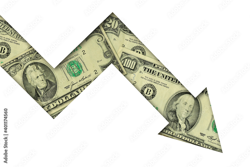 Downward arrow made of dollar coins and banknotes on white background ...