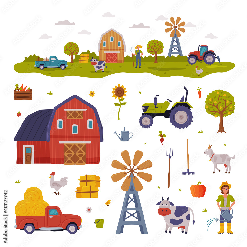 Farm Rural Buildings and Agricultural Objects Set, Farmhouse, Windmill ...
