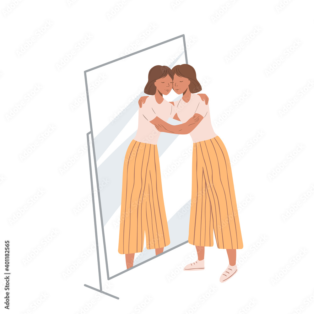 Vetor de Woman standing near the mirror and hugging her own reflection ...
