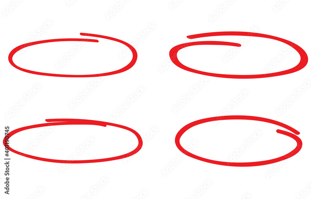 Red circle, pen draw set. Highlight hand drawn circle isolated on ...