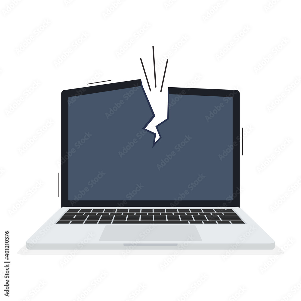 Broken laptop isolated on white color background. Crashed computer ...