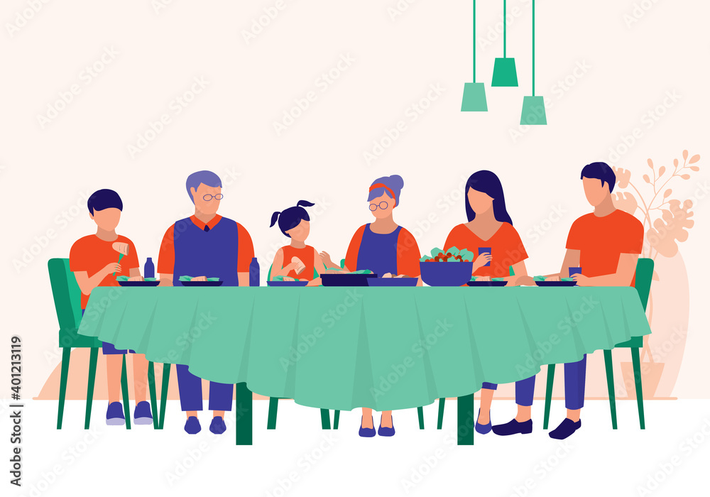 Big Family Having Dinner Together At Home. Family Relationships Concept ...