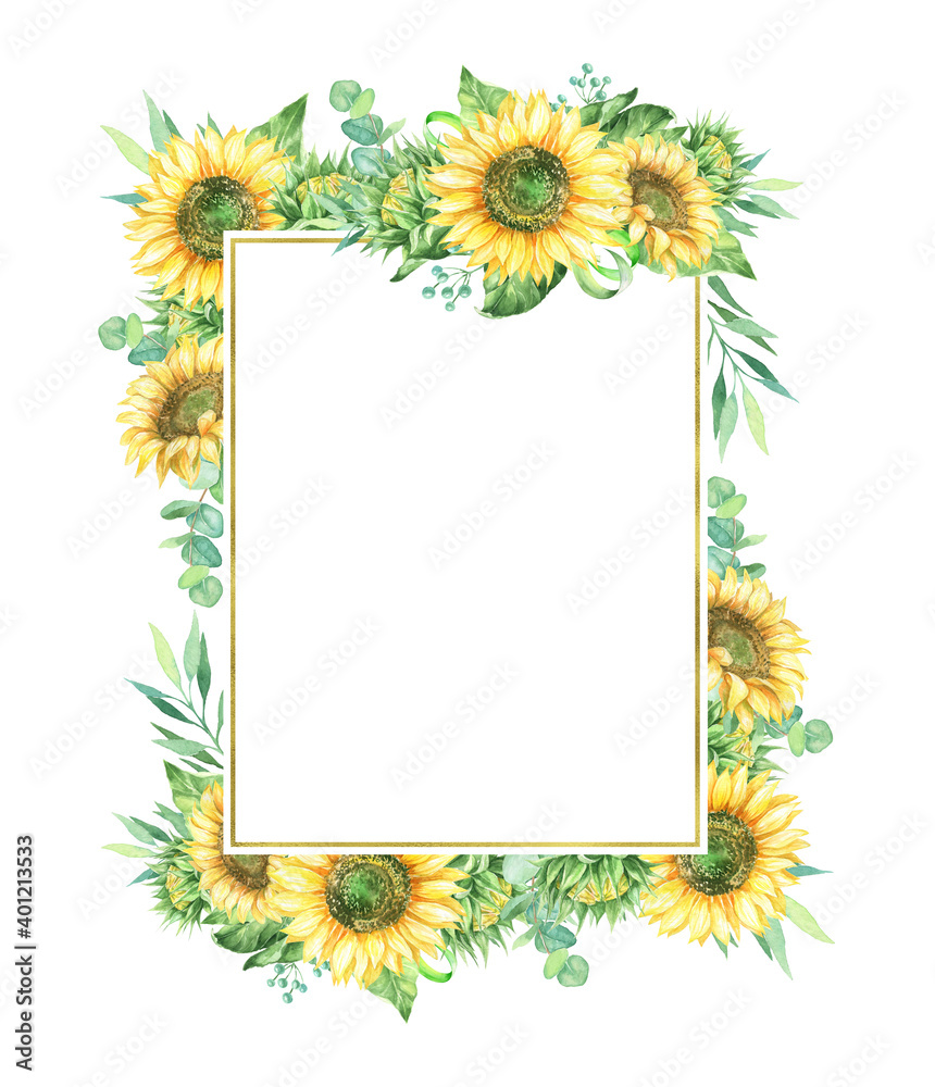 Watercolor frame with sunflowers floral border Stock Illustration ...