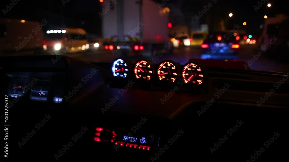 Traffic image taken from inside a modified old car. Modified indicators ...