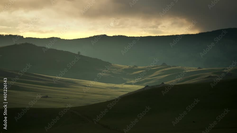 Shadow and local sunlight in the treeless hills. Continental climates ...