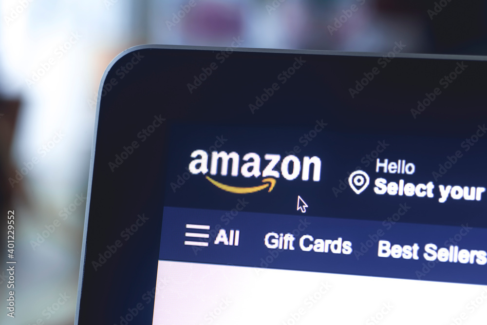 Amazon logo on a computer screen. Home page of the Internet resource ...